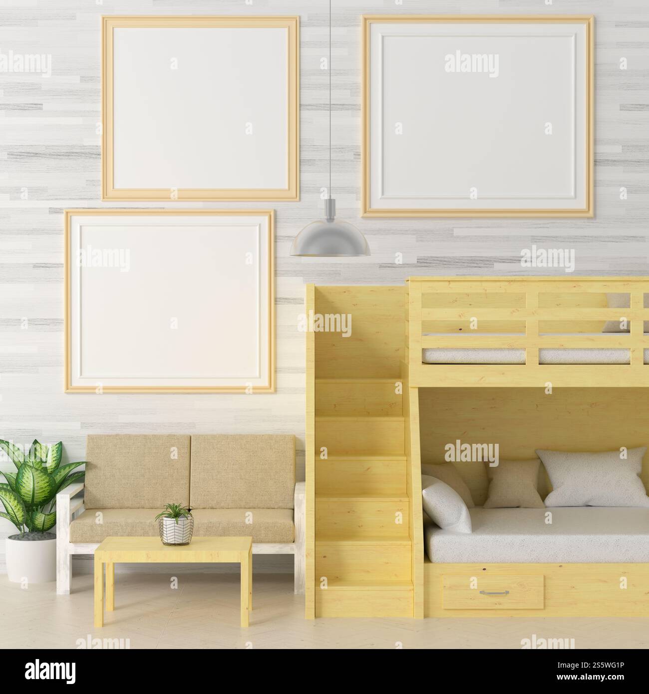 Bedroom with bunk bed and picture wall frame, 3d style Stock Photo - Alamy