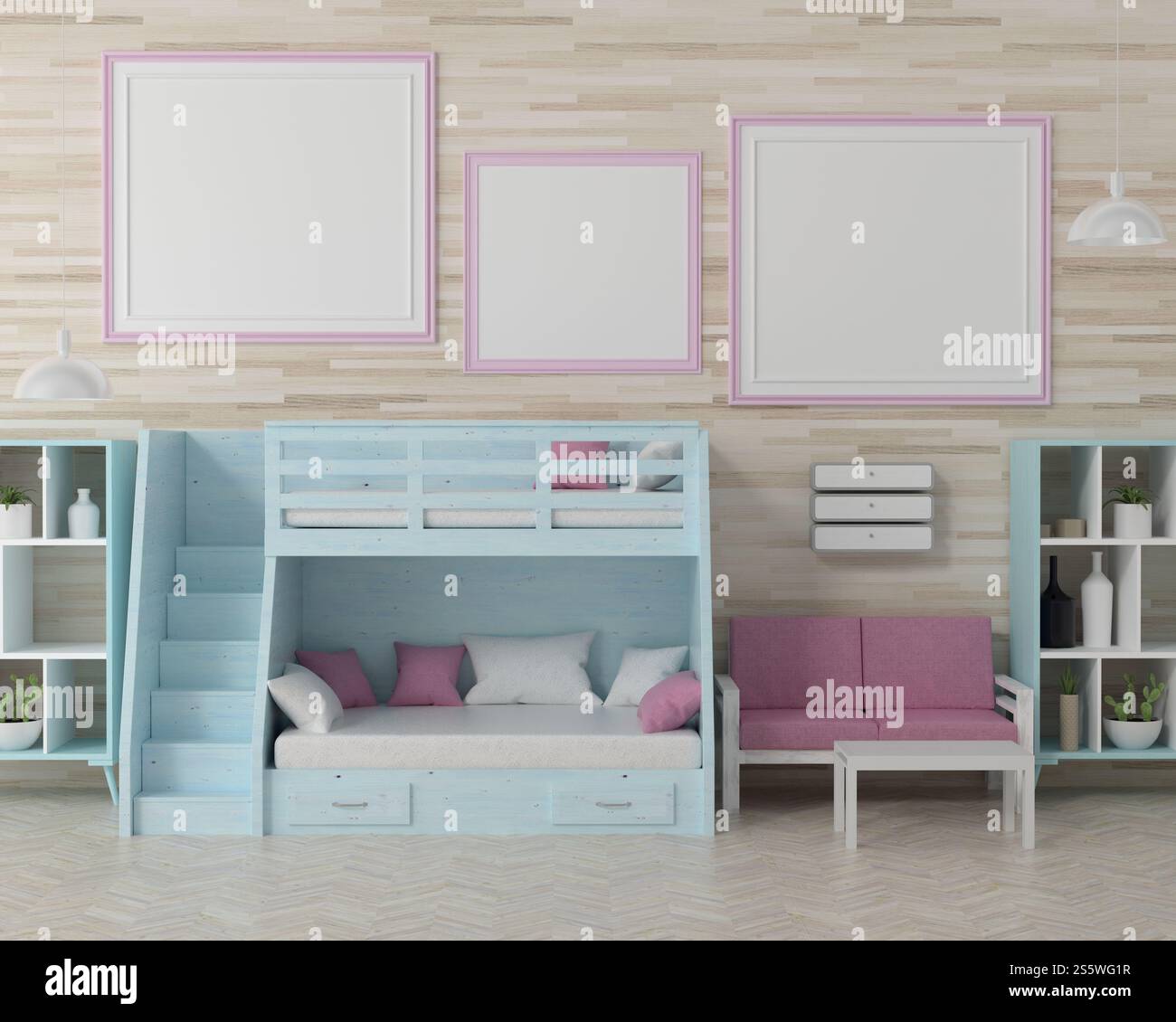 Bedroom with bunk bed and picture wall frame, 3d style Stock Photo - Alamy