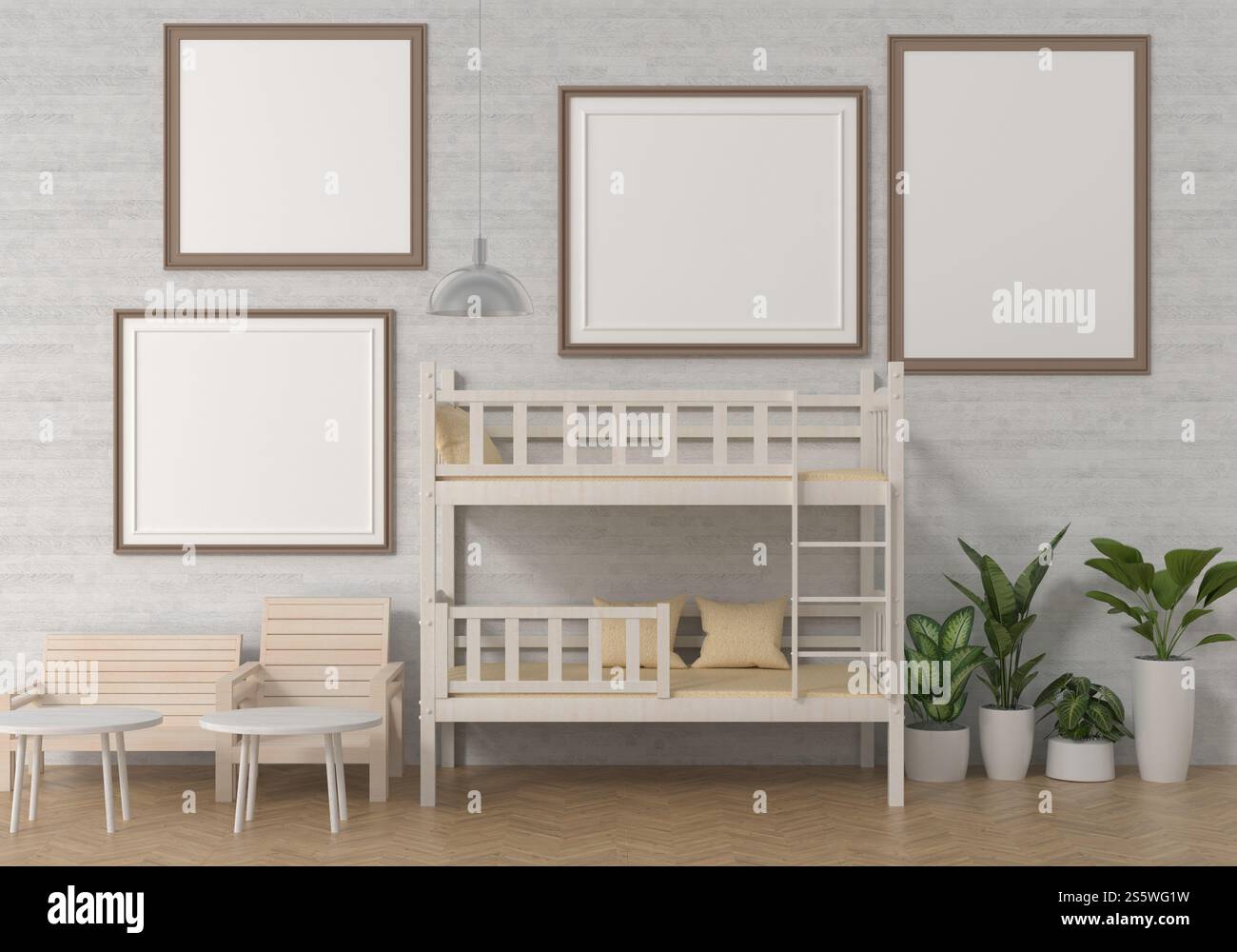 Bedroom with bunk bed and picture wall frame, 3d style Stock Photo - Alamy
