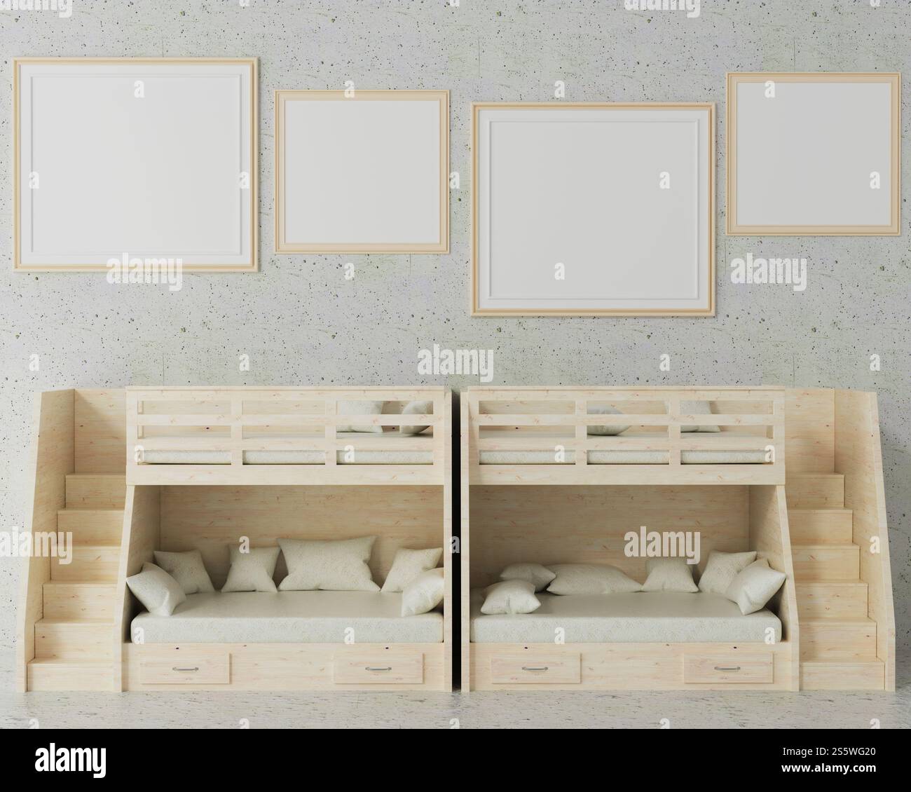 Bedroom with bunk bed and picture wall frame, 3d style Stock Photo - Alamy