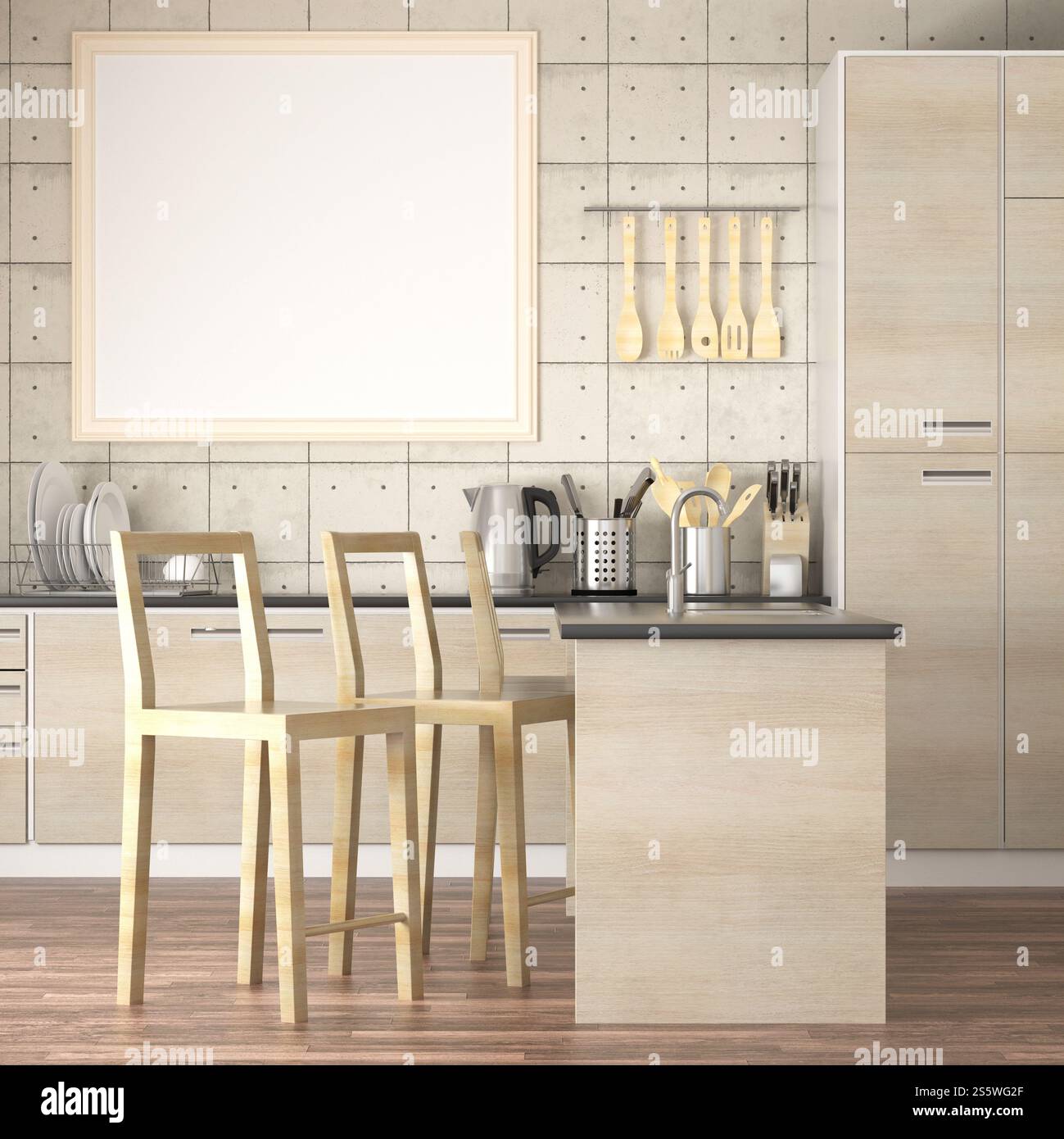 Kitchen with cooking utensils and wall frames, 3D style Stock Photo - Alamy