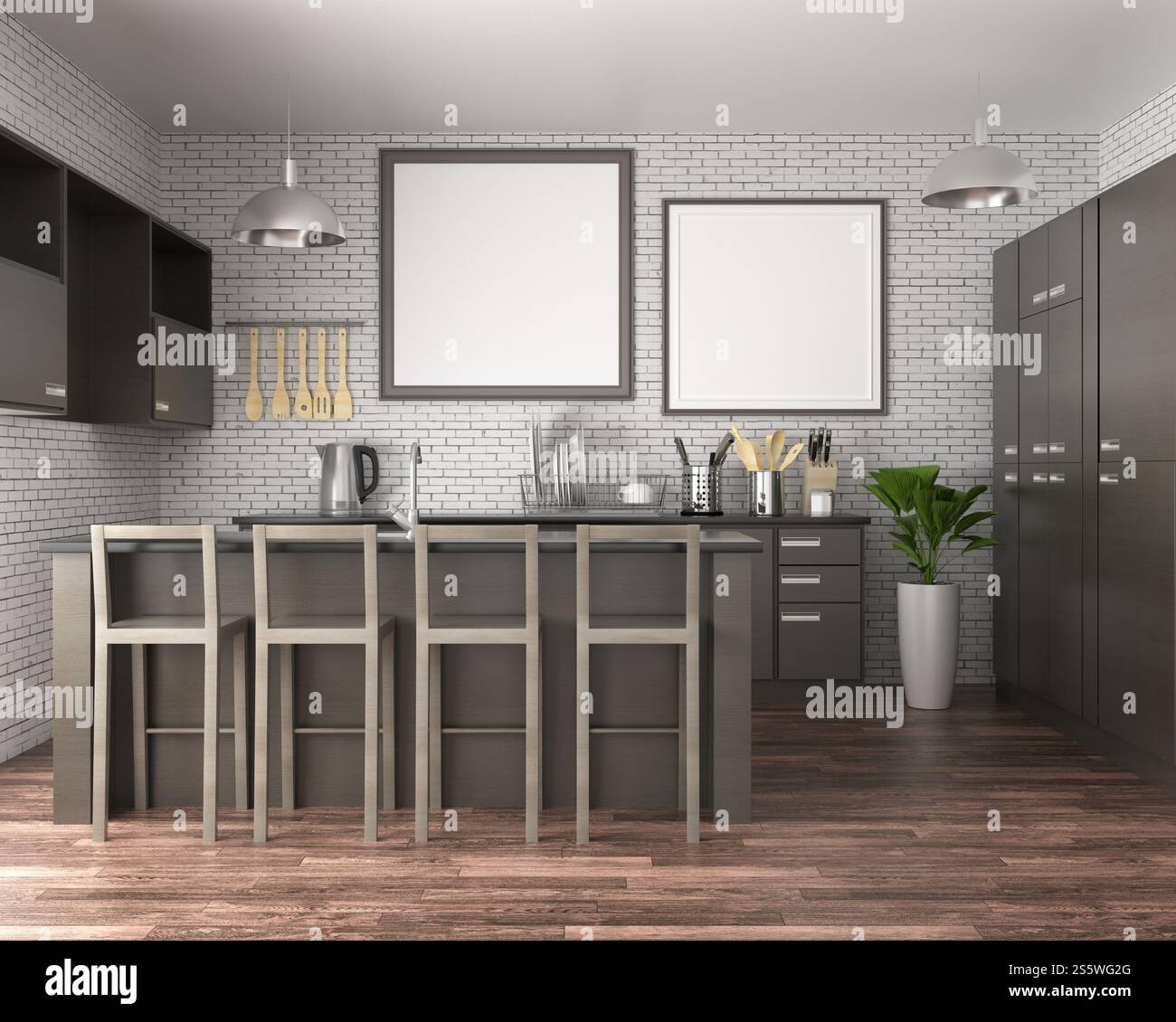 Kitchen with cooking utensils and wall frames, 3D style Stock Photo - Alamy