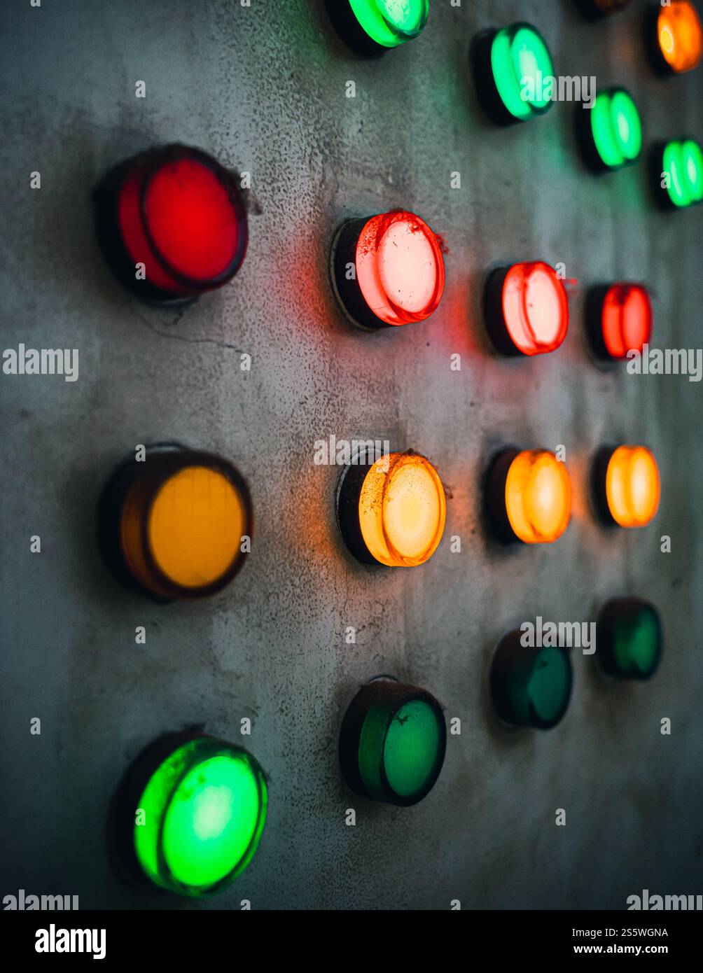 Array of colorful industrial signal lamp indicator on old electrical ...