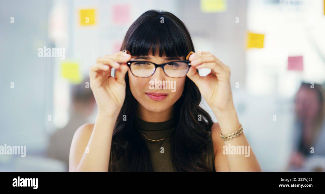 Office, glasses and portrait of business woman with vision for eyesight ...