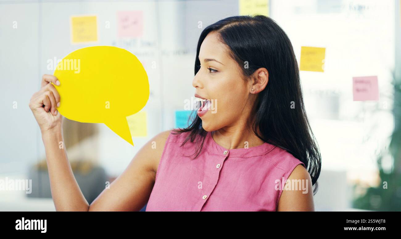 Speech bubble, shock and business woman in office with news ...