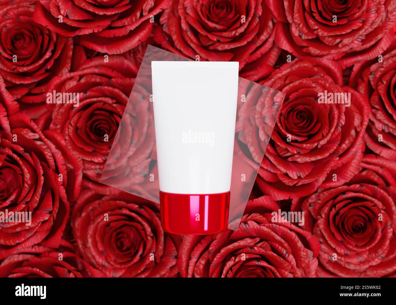 Squeeze tube for applying cream or makeup on a red rose background ...