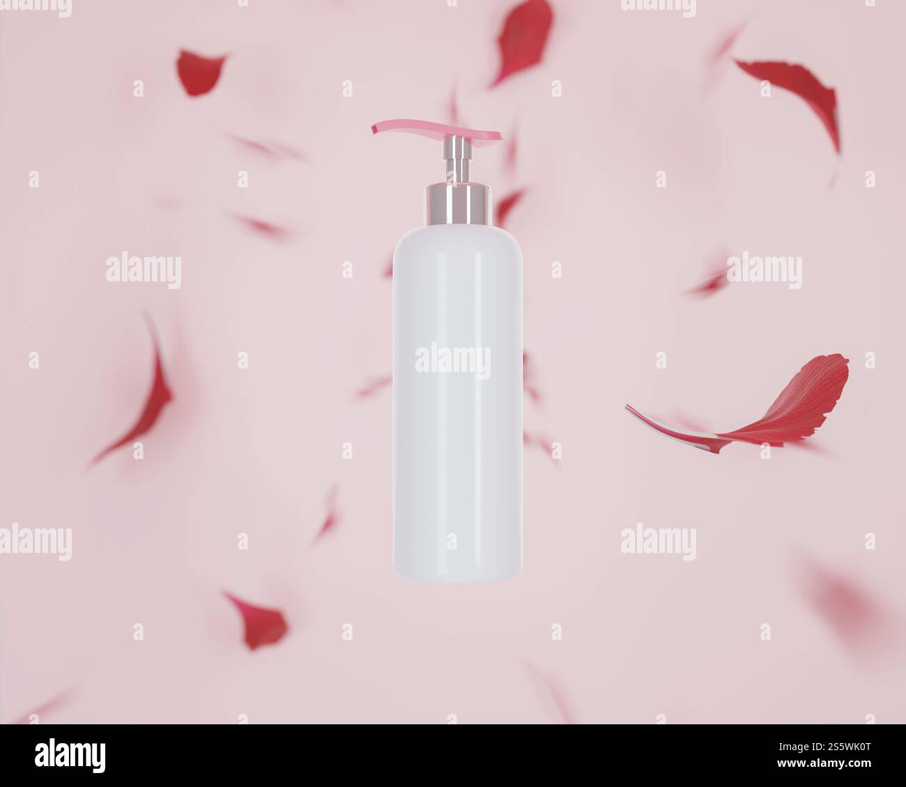 cream bottle or perfume pump placed on pink background and flower ...