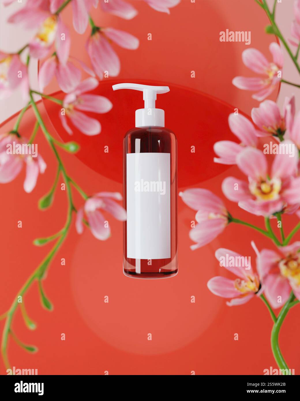 Perfume pump cream bottle placed on red background with flowers, 3D ...