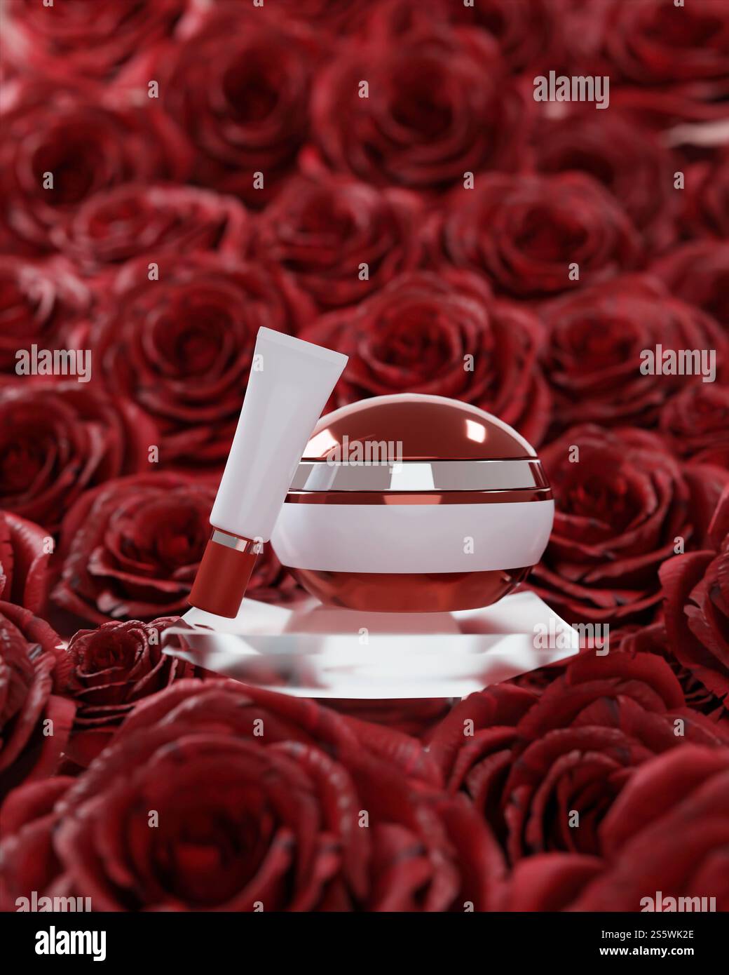 Cream jar and squeeze tube on red rose background Stock Photo - Alamy