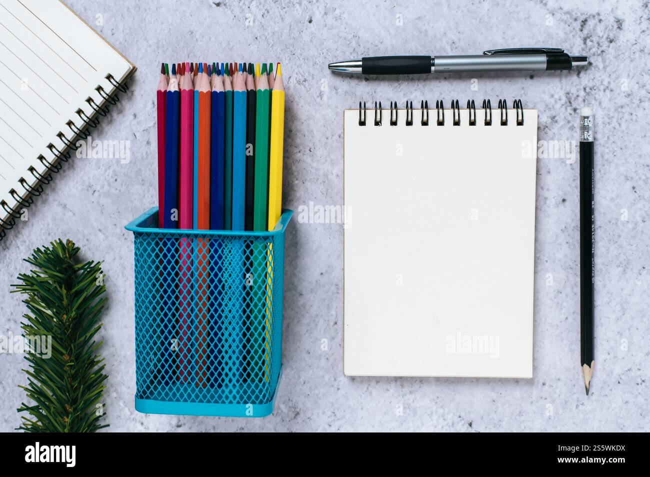 stationary set top view with clear notepad Stock Photo - Alamy