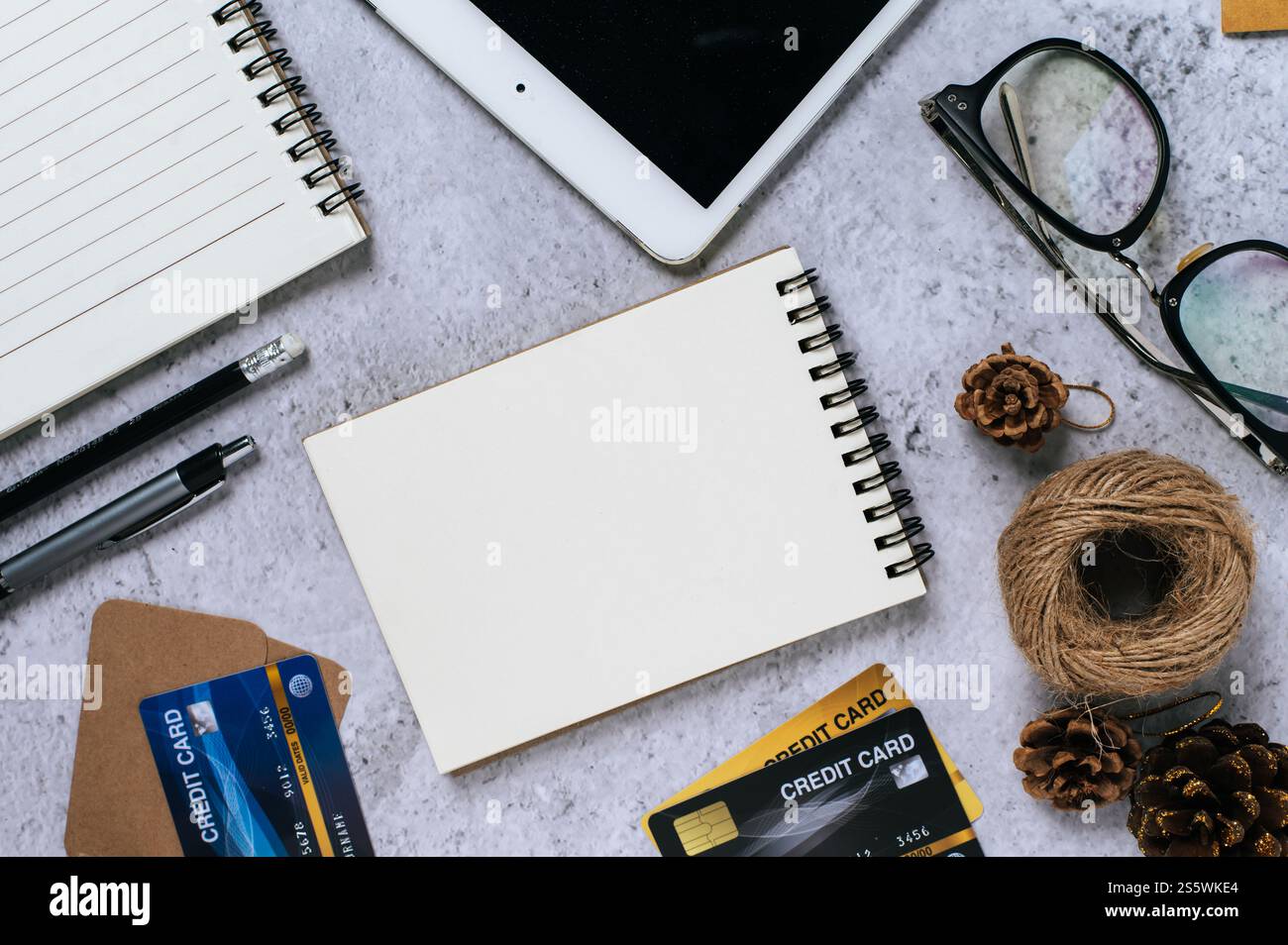 stationary set top view with clear notepad Stock Photo - Alamy