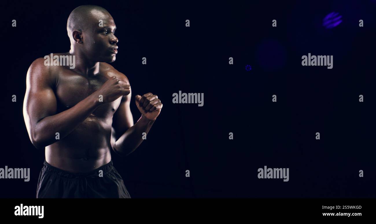 Mockup space, boxing and black man in studio for cardio workout ...