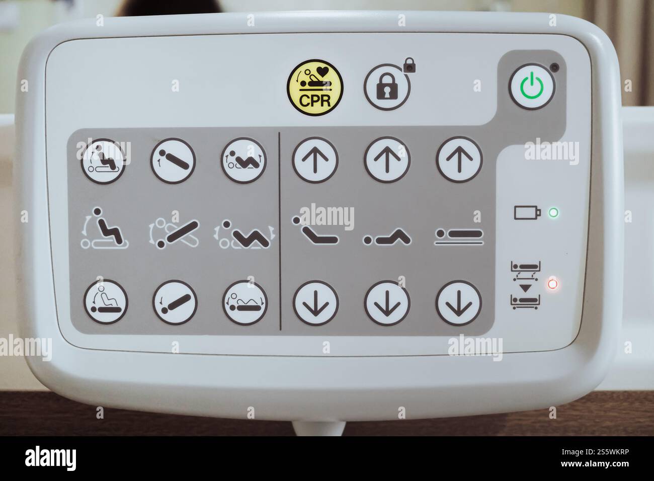 Closeup view of adjustable hospital patient bed position control ...