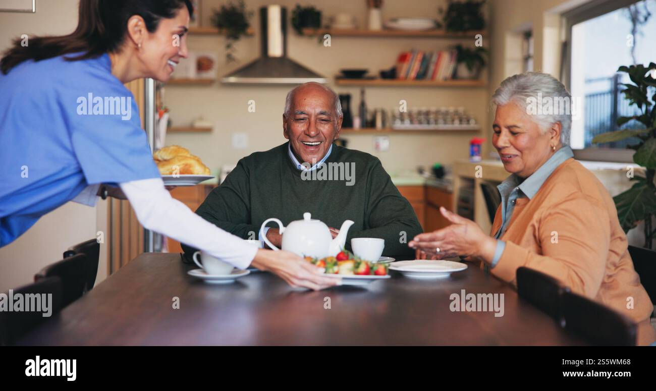 Elderly couple, caregiver and happy in home with breakfast, service and ...