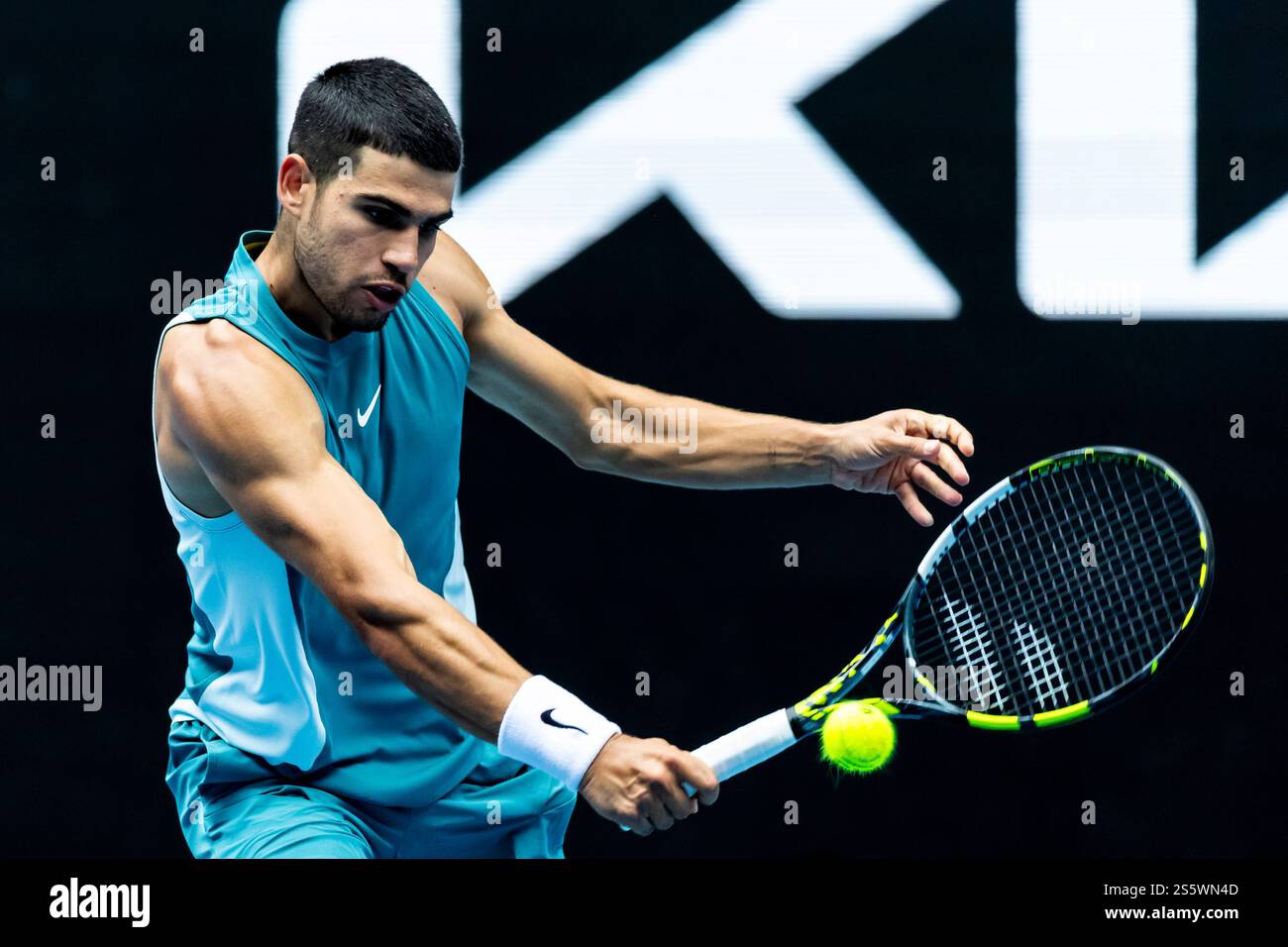 MELBOURNE, VIC - JANUARY 15: Carlos Alcaraz of Spain in action during ...