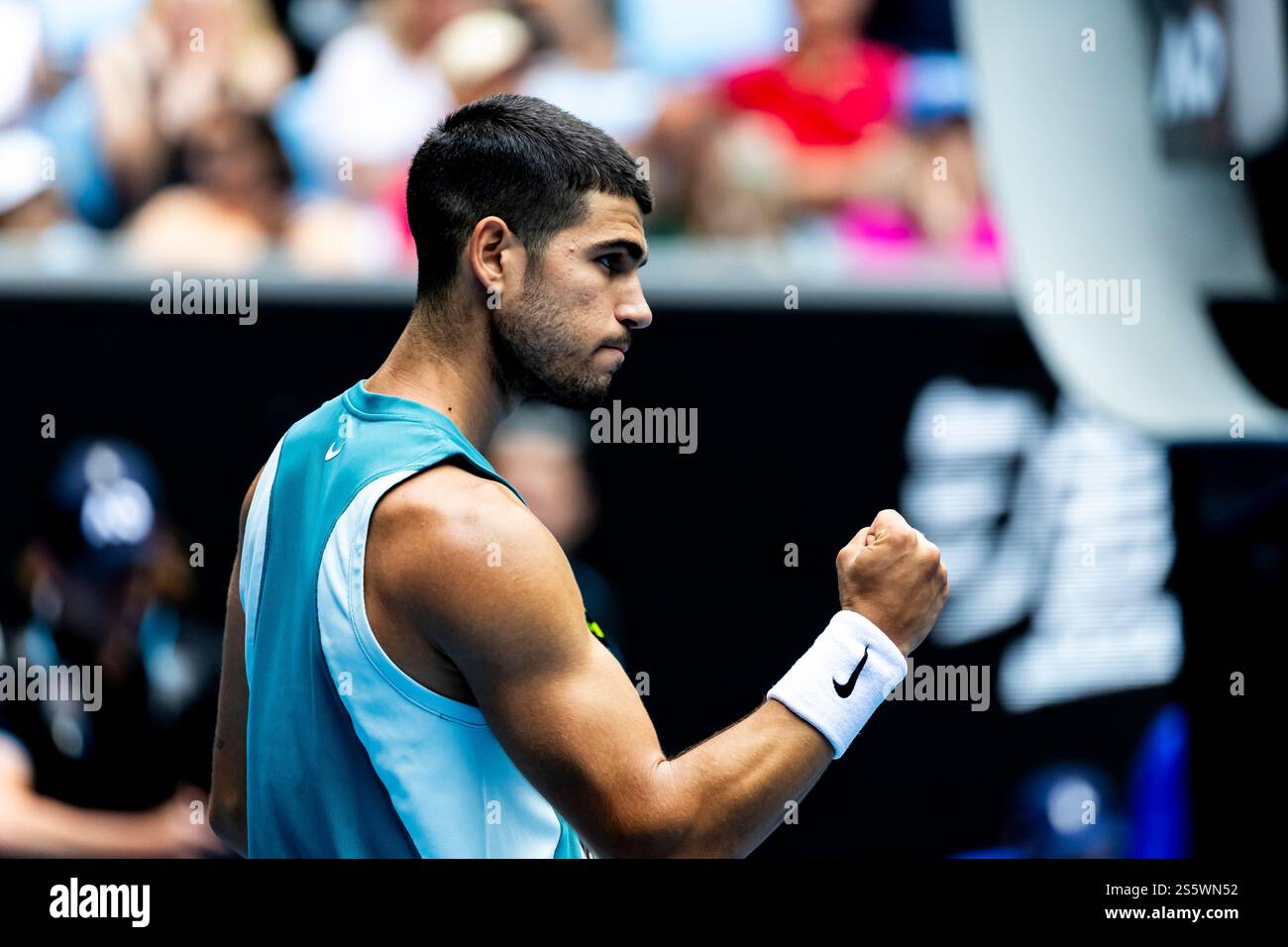 MELBOURNE, VIC - JANUARY 15: Carlos Alcaraz of Spain celebrates during ...