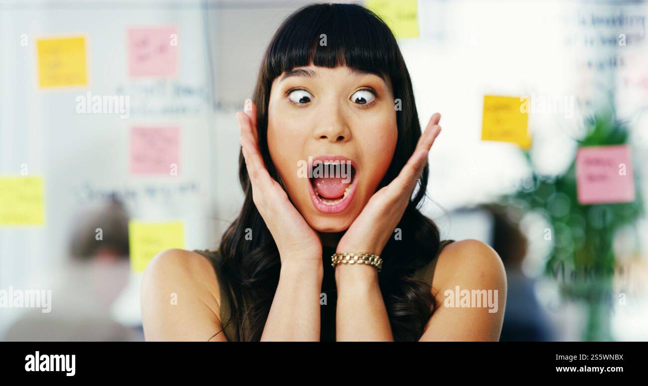 Business, surprise and woman in office, funny and announcement with ...