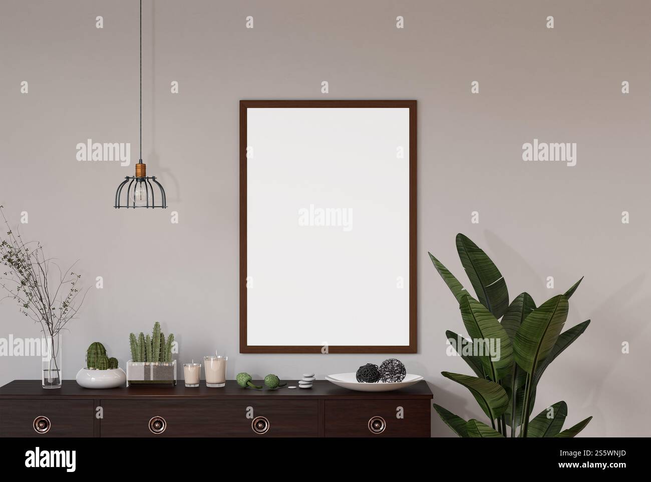 3D illustration. mockup photo frame on the wall over cabinet in living room, decorated with ...