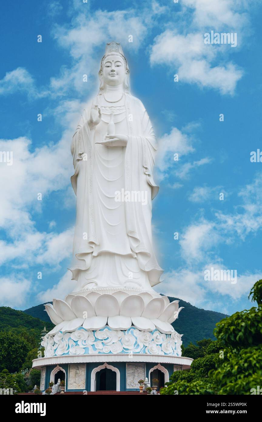 Big white statue of Lady Buddha in Da Nang in the Linh Ung Pagoda in ...