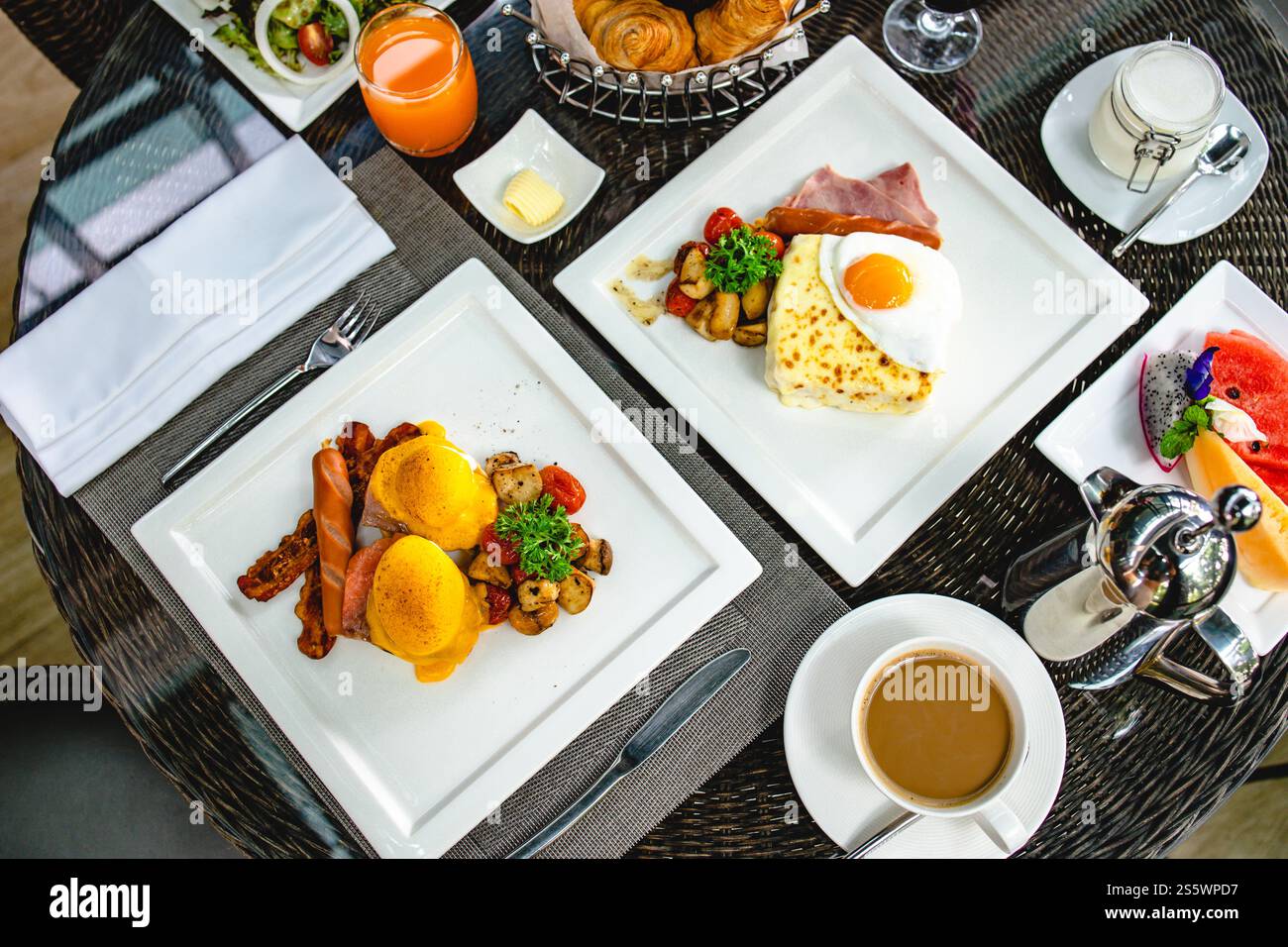 Full American Breakfast Huge healthy breakfast spread on a table with ...