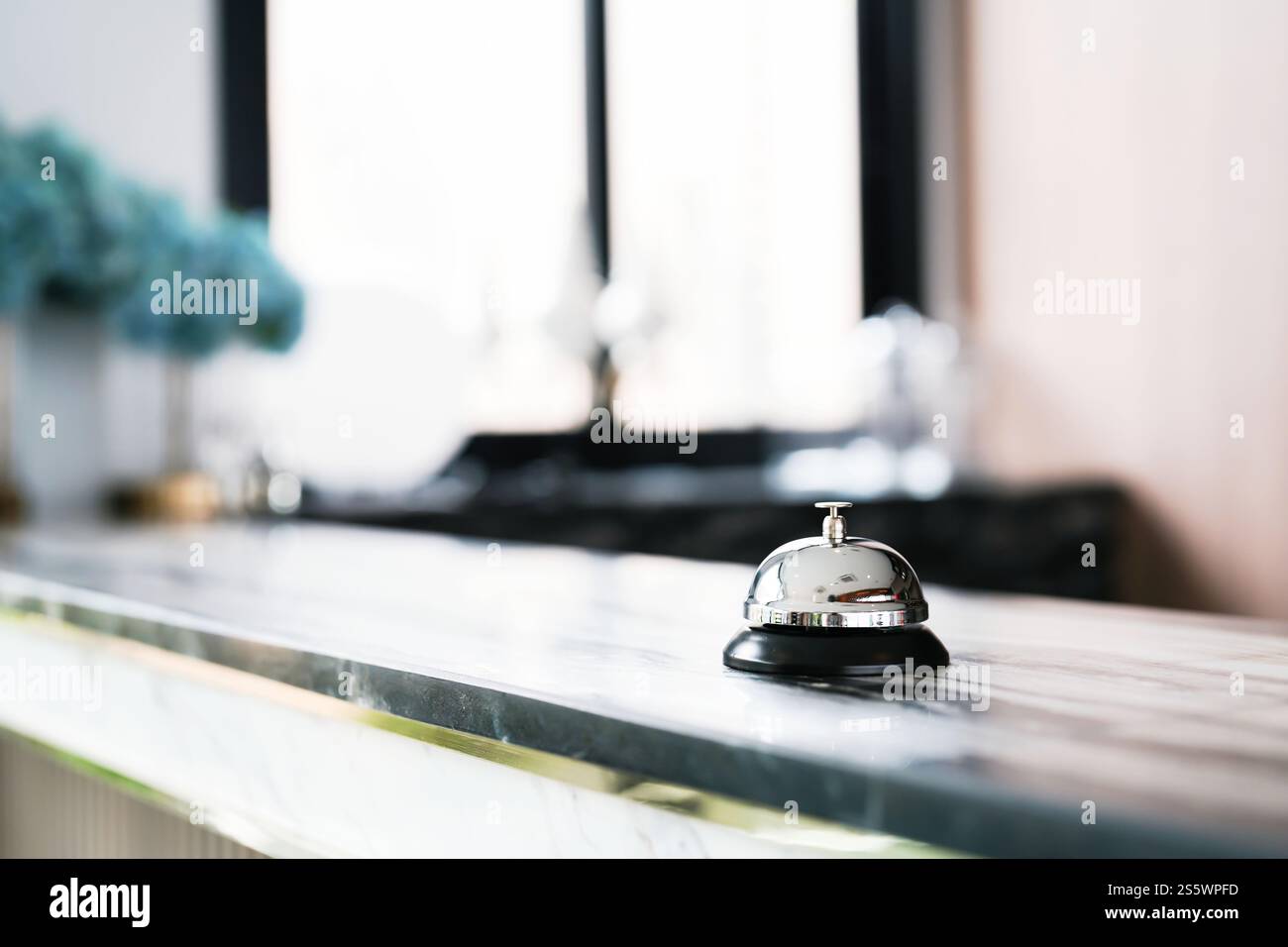 Hotel reception counter desk with service bell. front desk bell for ...