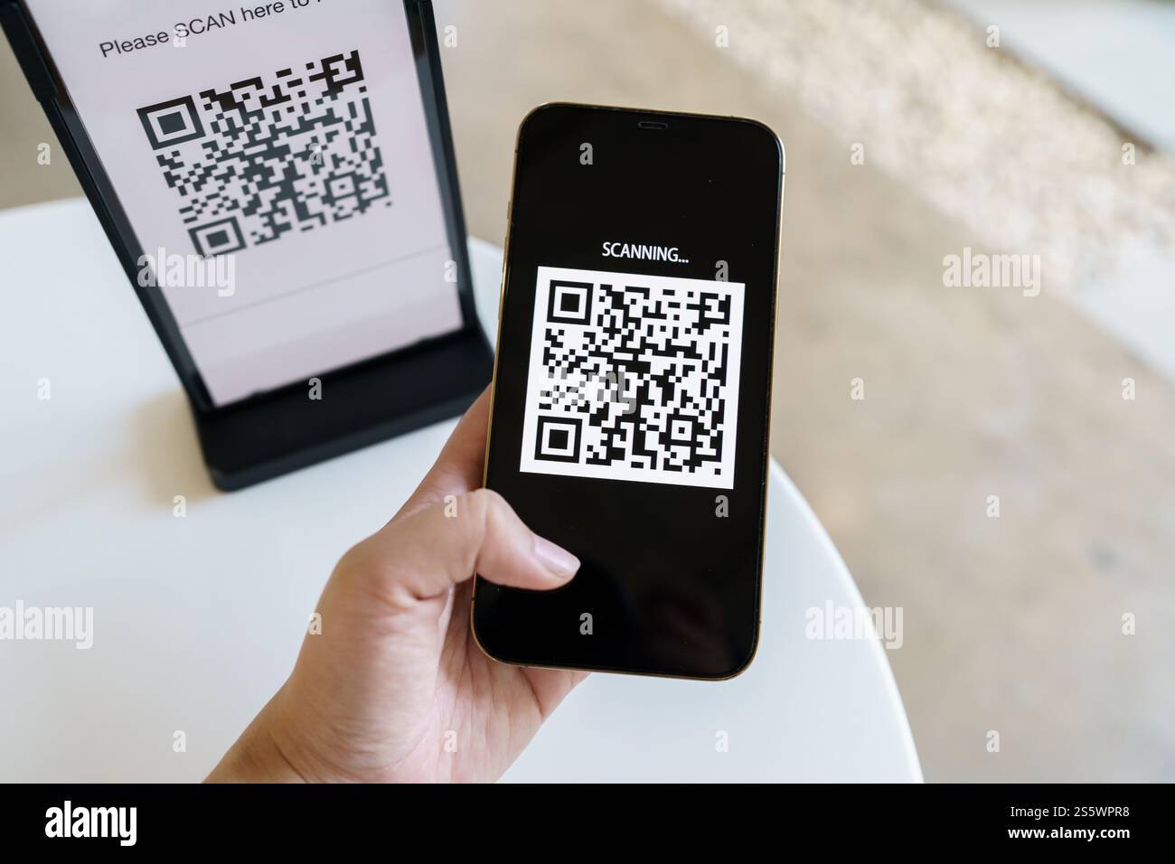 Qr code payment. E wallet. Man scanning tag accepted generate digital pay without money.scanning ...
