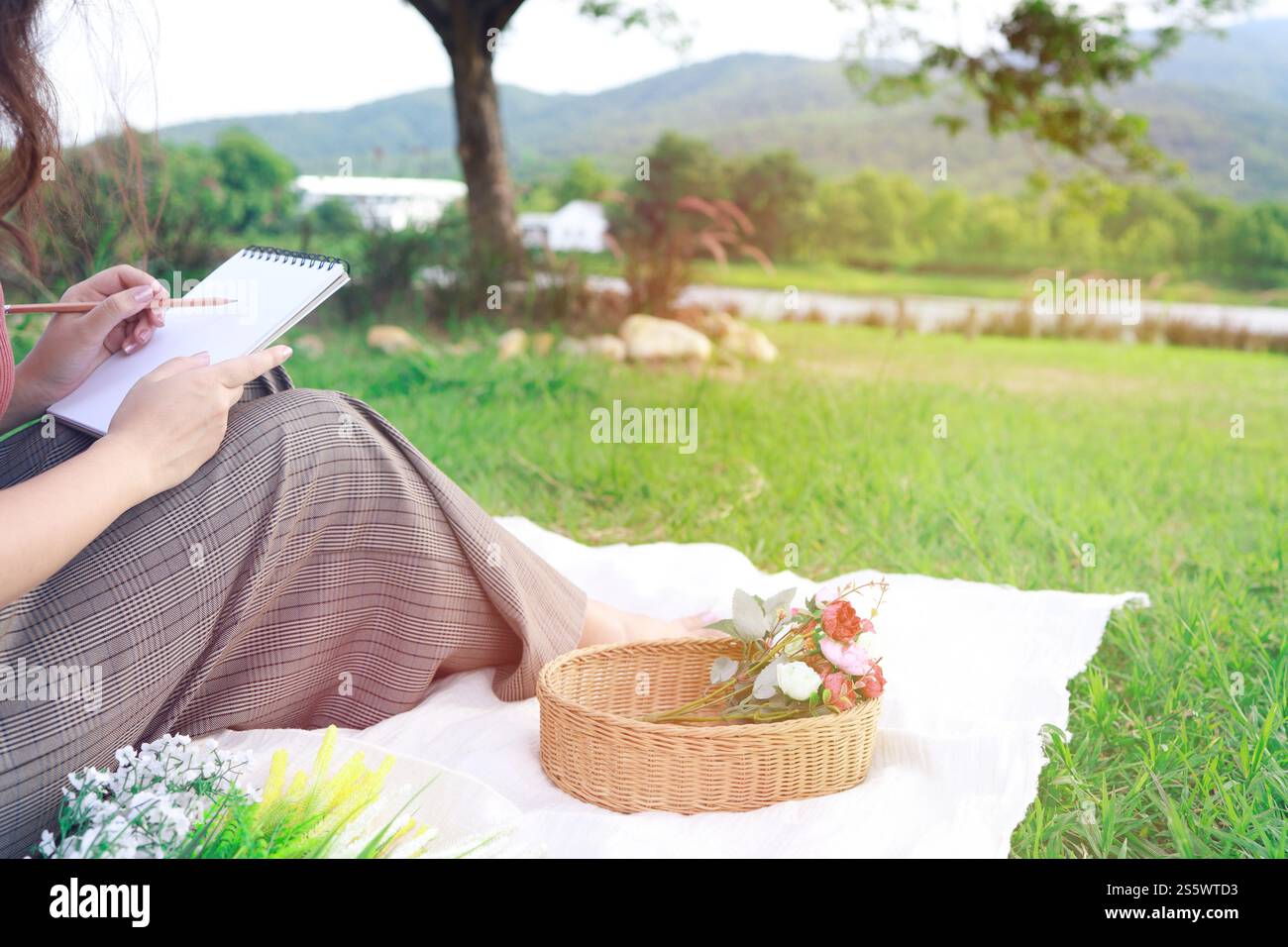 Asian woman alone resting on a picnic in nature park outside at sunny ...