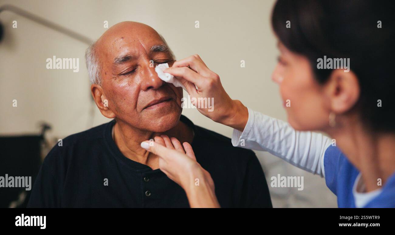 Cleaning, face and hygiene with nurse and patient in assisted living ...