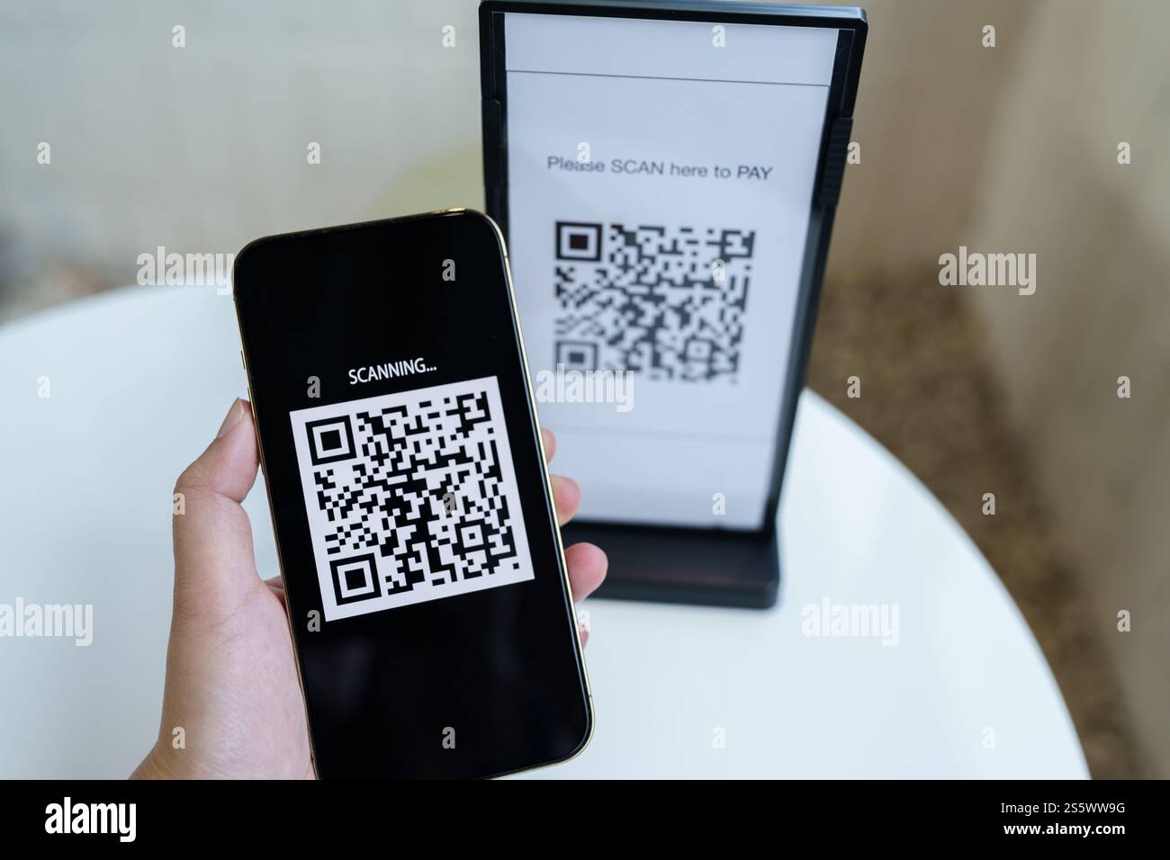 Qr code payment. E wallet. Man scanning tag accepted generate digital ...