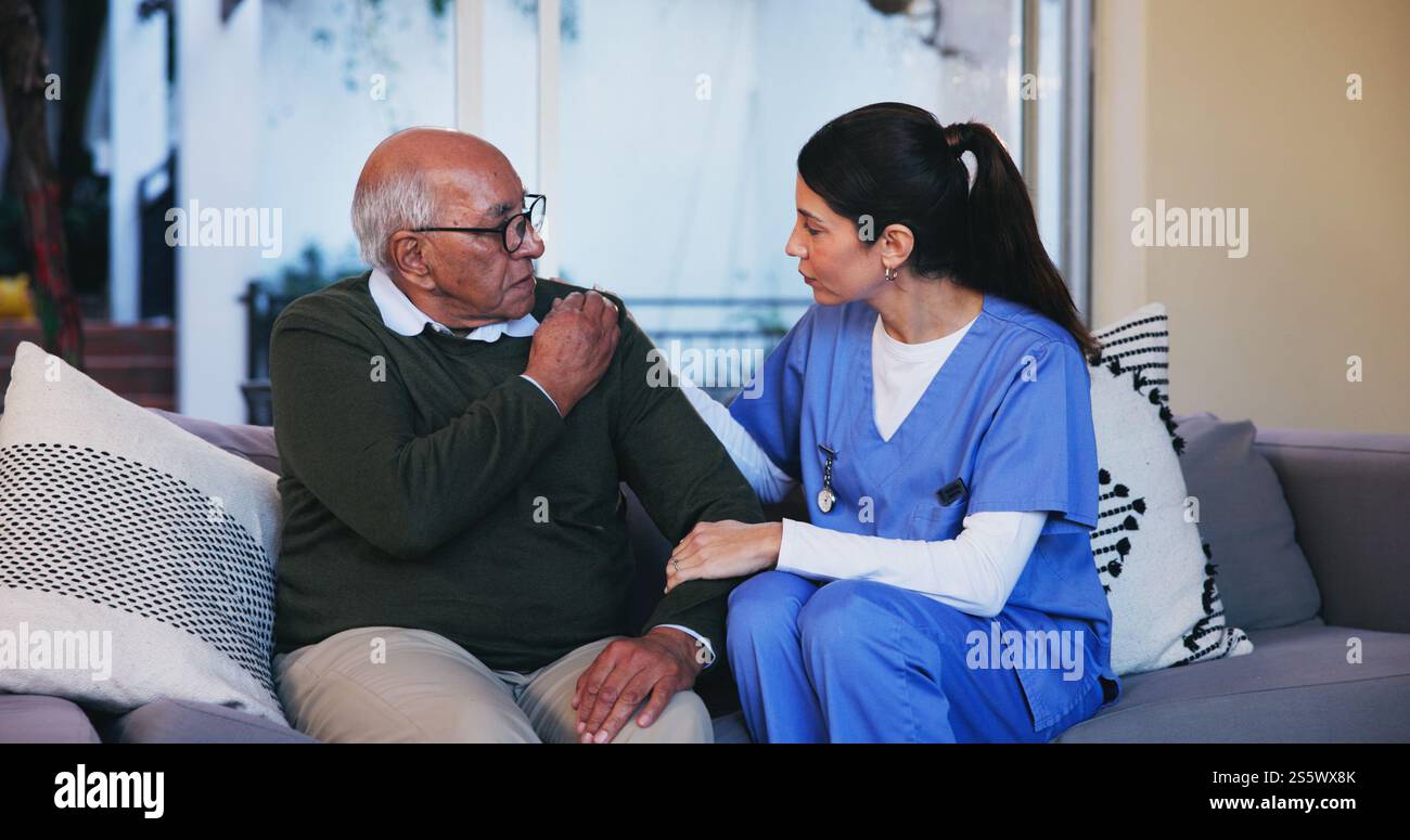 Checkup, shoulder pain and nurse with senior man on sofa in retirement ...