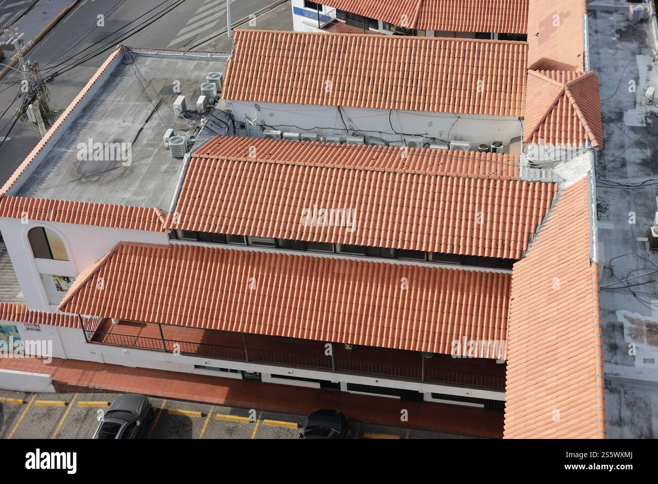 aerial view of the roofs of a colonial style building, santo domingo ...