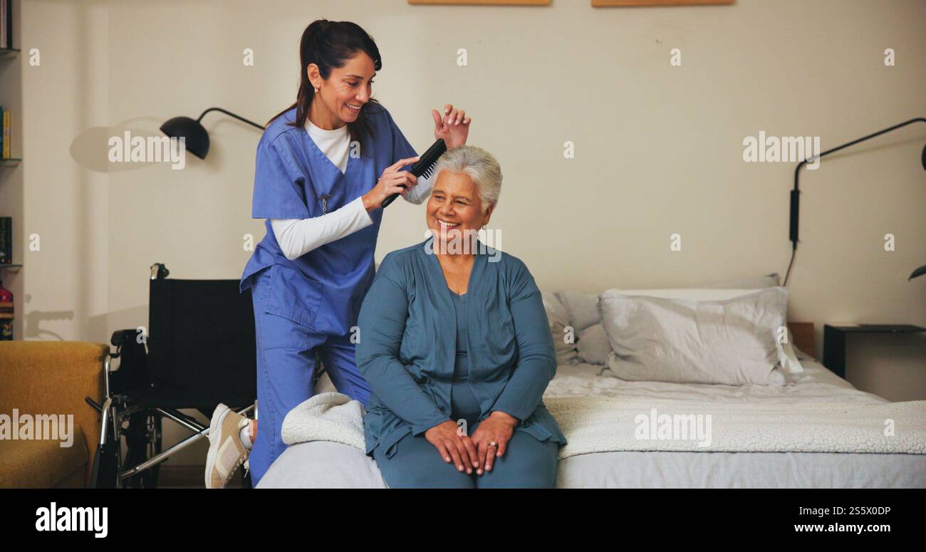 Nurse, brush and senior patient with hairstyle for self care, grooming ...