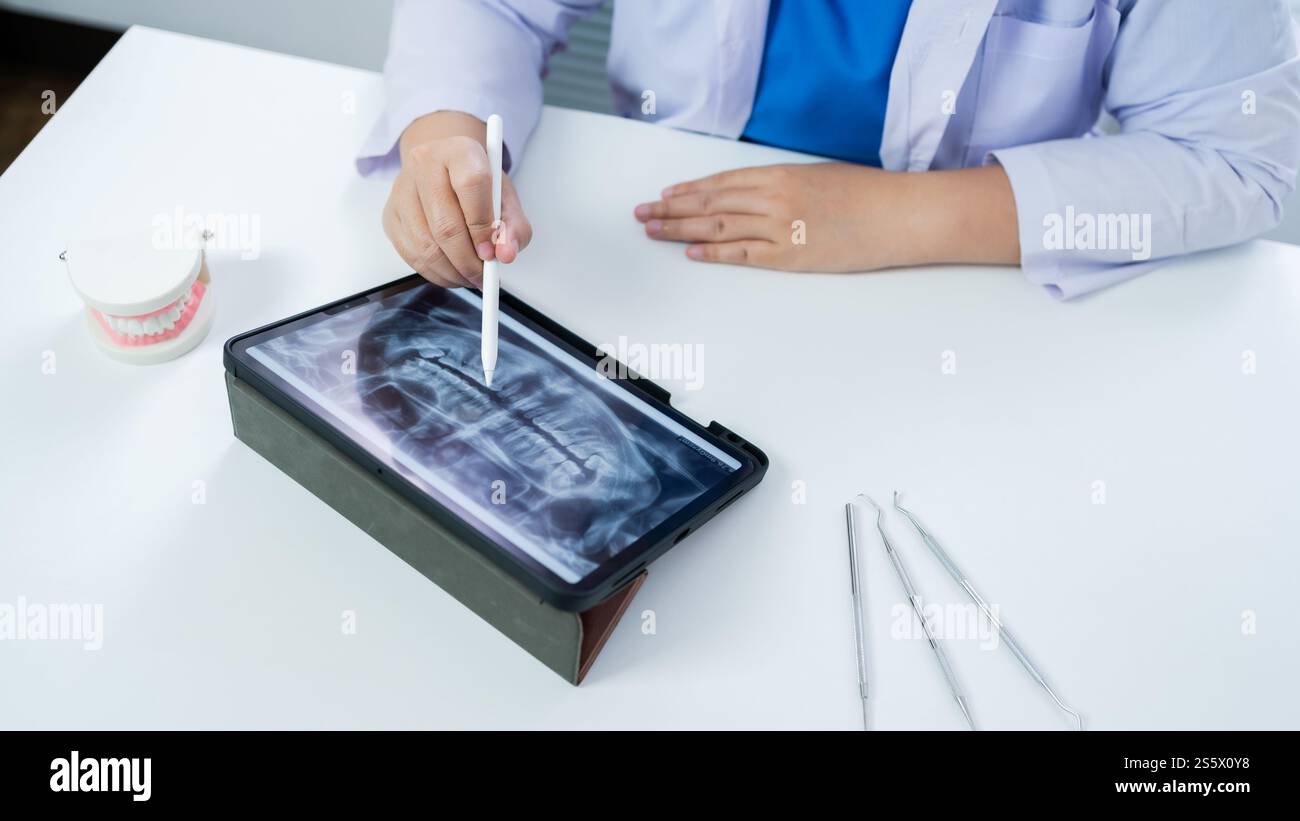 Dentist at dental clinic White healthy tooth with Dental model in oral ...