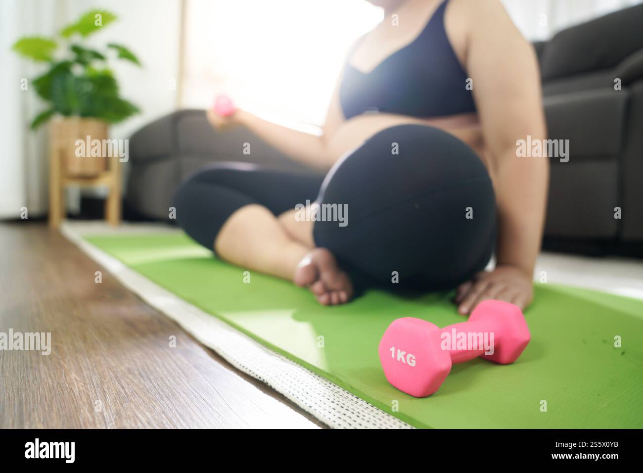 Overweight woman exercising for weight loss. exercise with dumbbells in ...