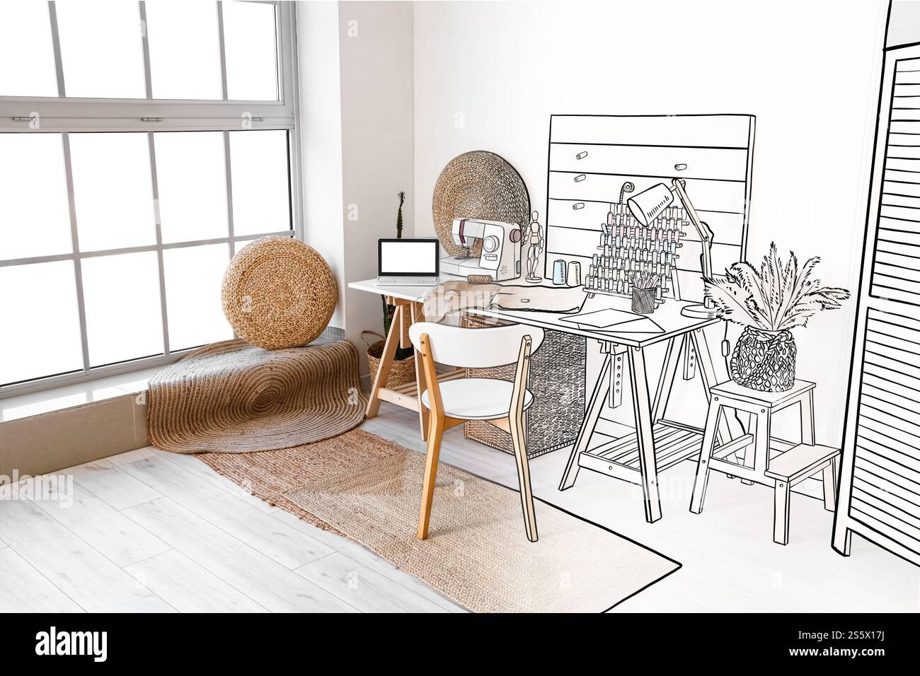 New interior of modern atelier with tailor's workplace and threads ...