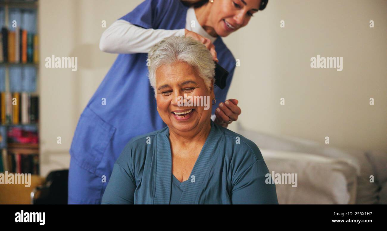 House, brushing hair and senior woman with nurse, smile and help with ...