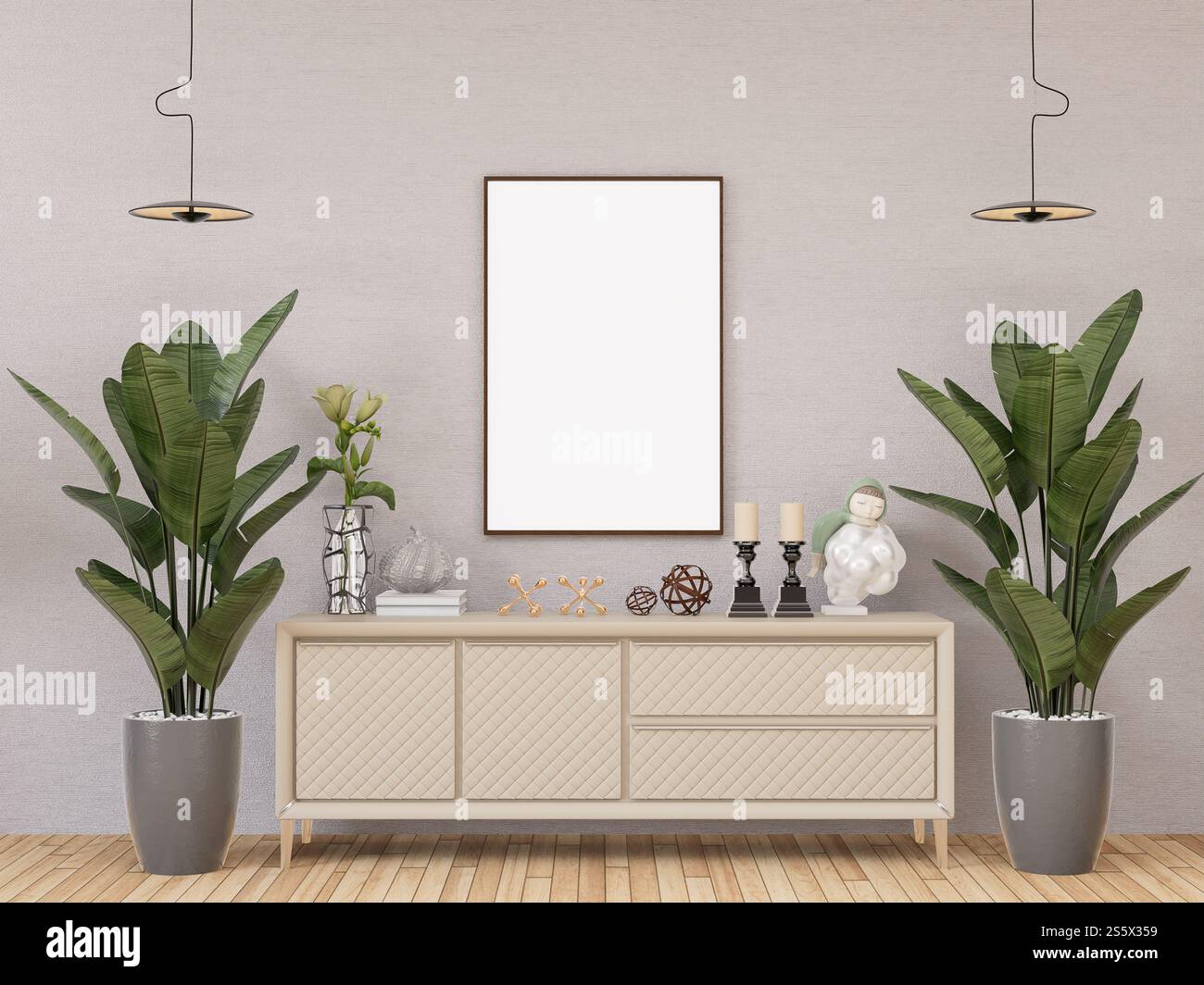 3D illustration mockup blank photo frame on the wall in living room or ...