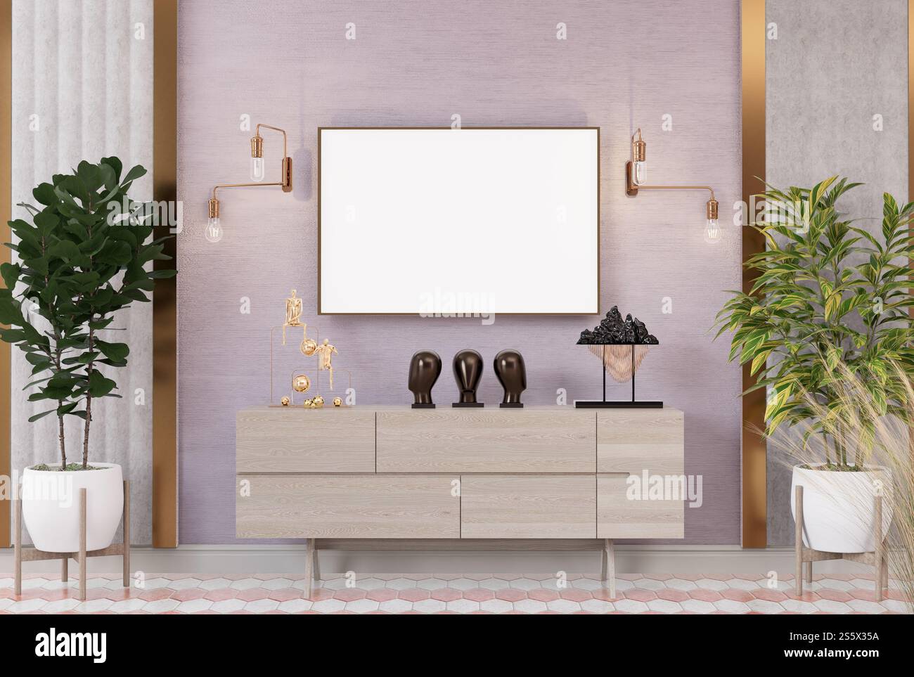 3D illustration mockup blank photo frame on the wall in living room or ...