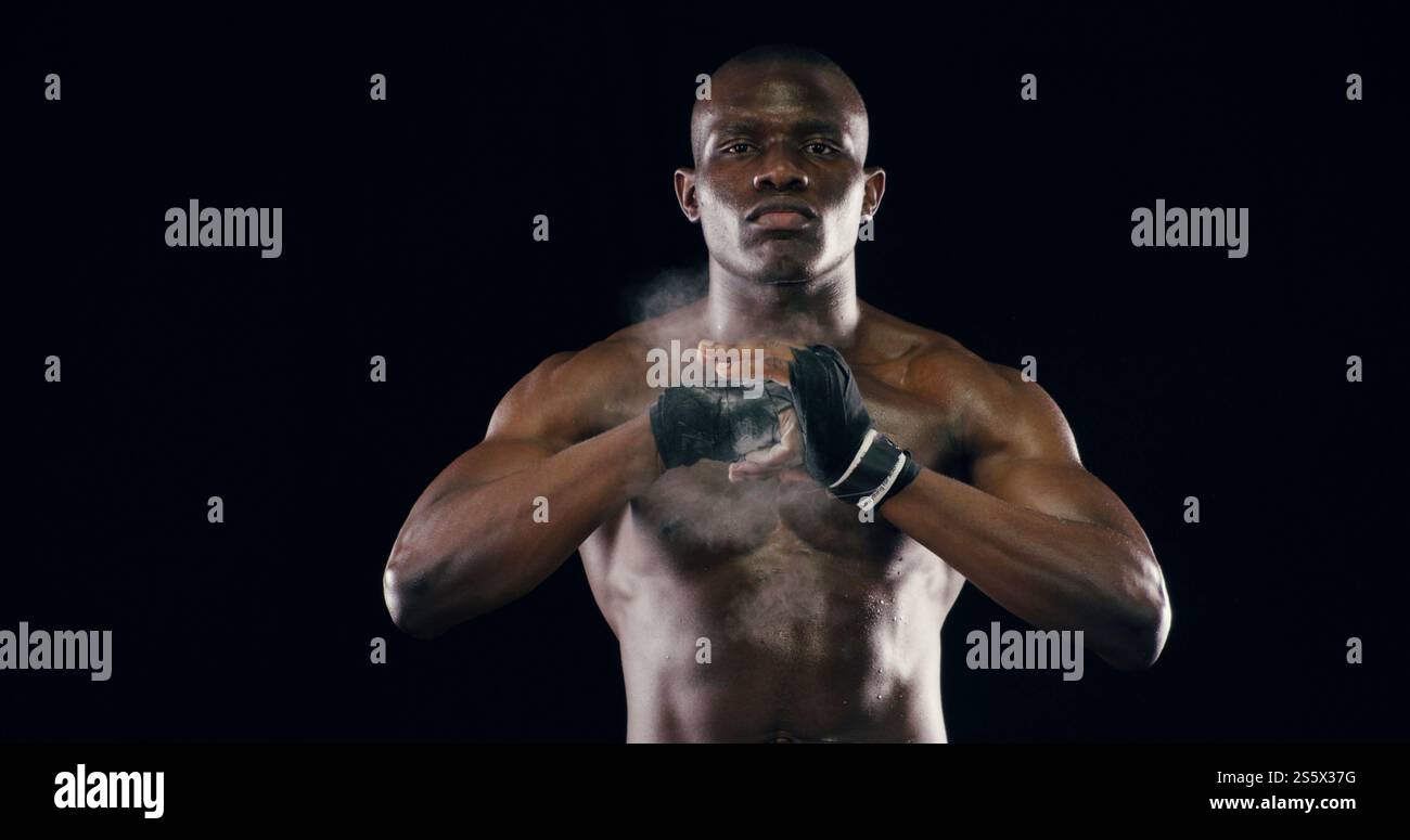 Powder, boxing and portrait of black man in studio for cardio workout ...