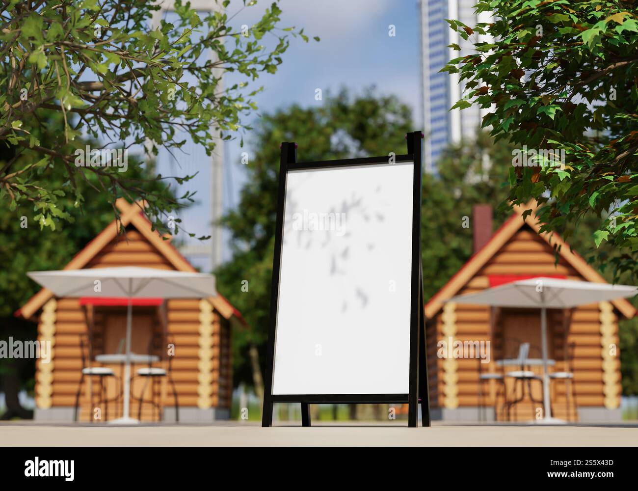 3D illustration mockup blank tent board, outdoors billboard at front of ...
