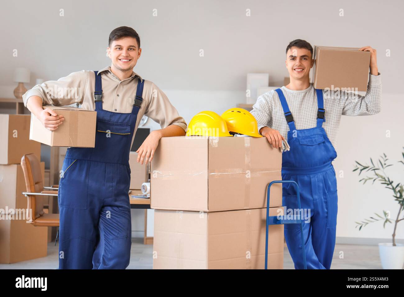 Male loaders with cardboard boxes in office Stock Photo - Alamy