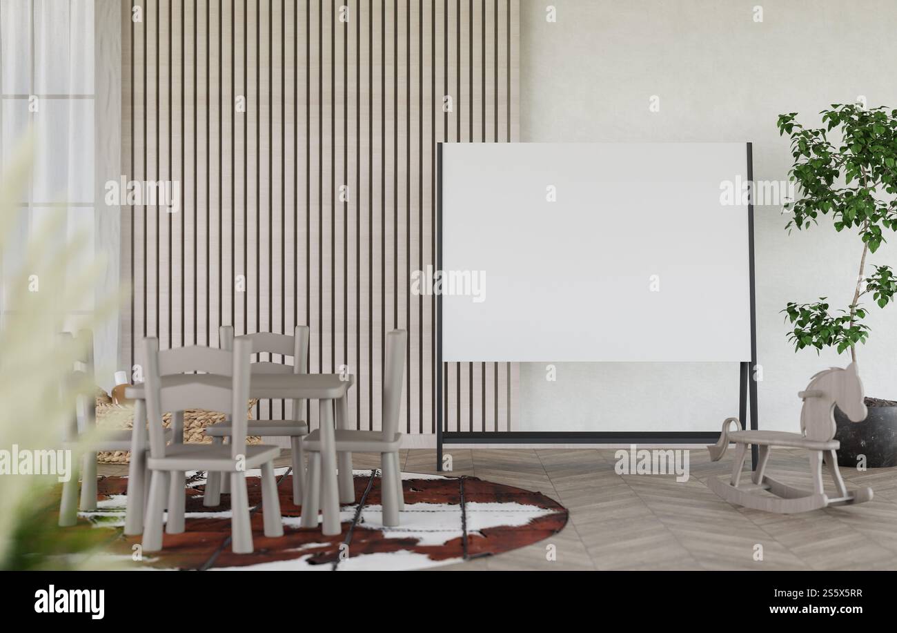 3D illustration mockup blank horizontal board in children room or ...