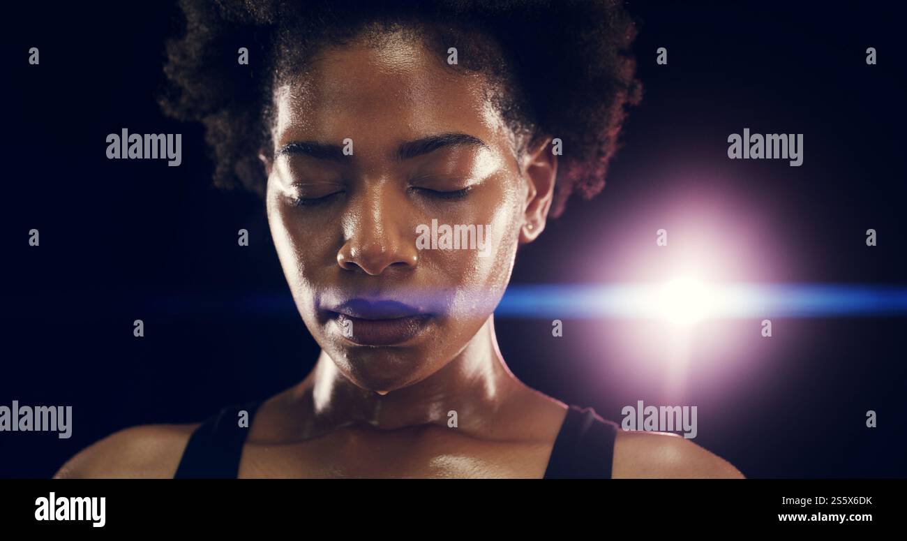 Studio, black woman and tired with sweat for fitness, intense workout ...