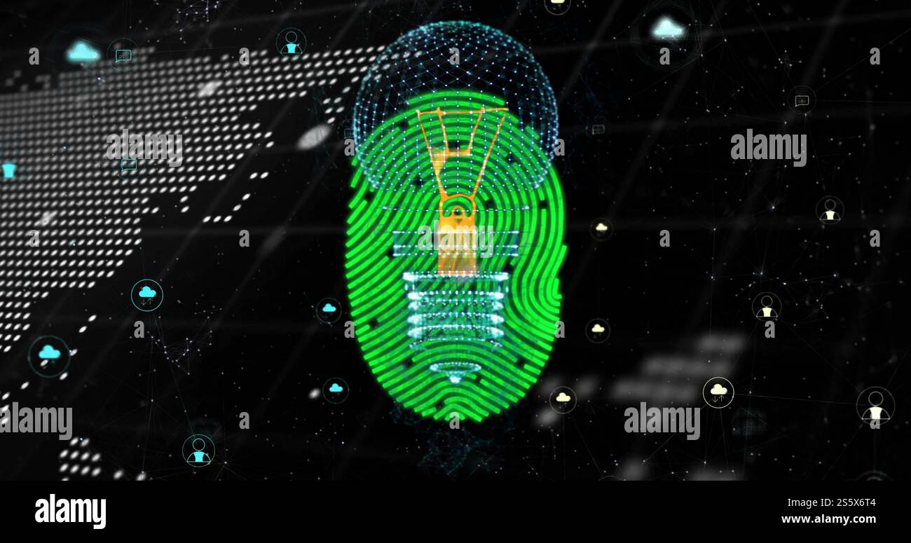 Image of digital lightbulb and media icons over world map and data processing Stock Photo - Alamy