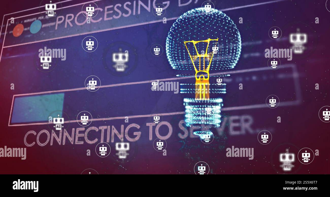 Image of digital lightbulb and robot icons over loading bar and data processing Stock Photo - Alamy