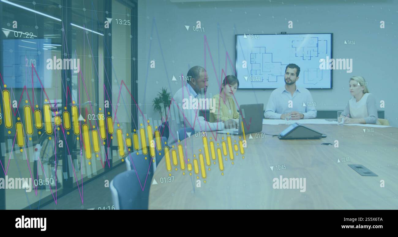 Image of charts processing data over diverse colleagues having meeting ...