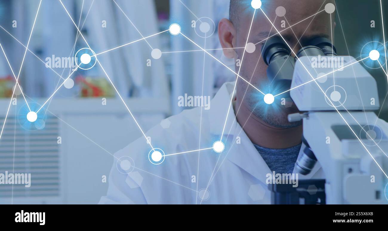 Image of network of connections over biracial male scientist Stock ...