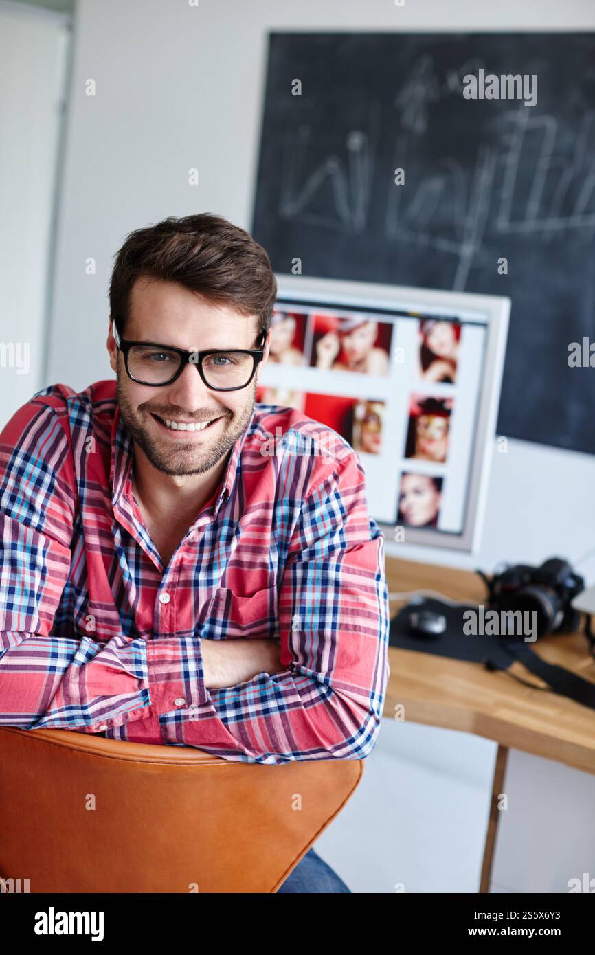 Man, photographer and portrait by computer screen for retouching ...