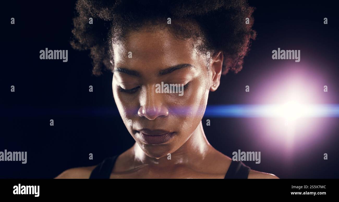 Fitness, black woman and tired or sweating in studio intense workout ...