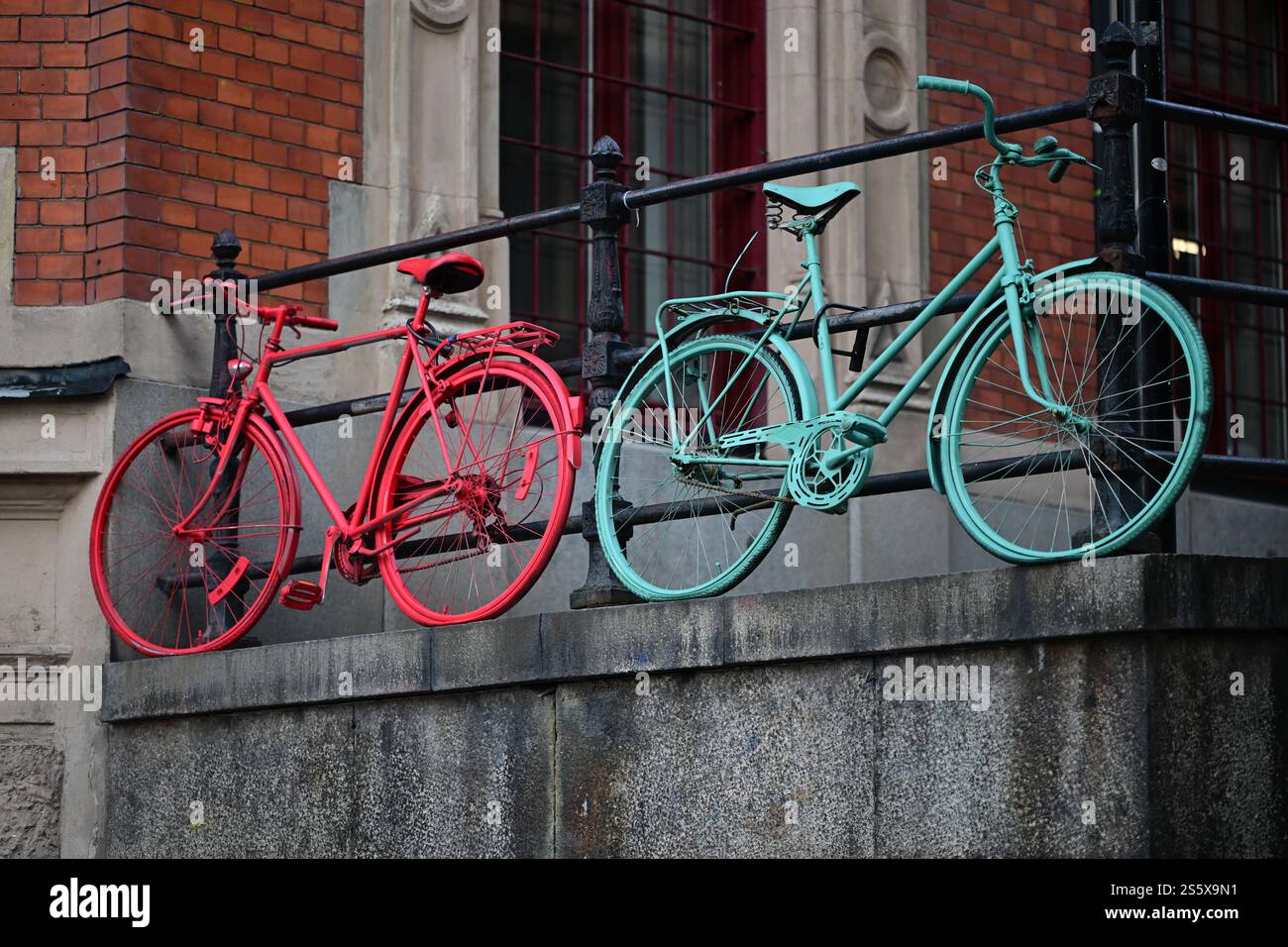 Stockholm, Uppland, Sweden. December 31 2024. Red and green bicycle art ...
